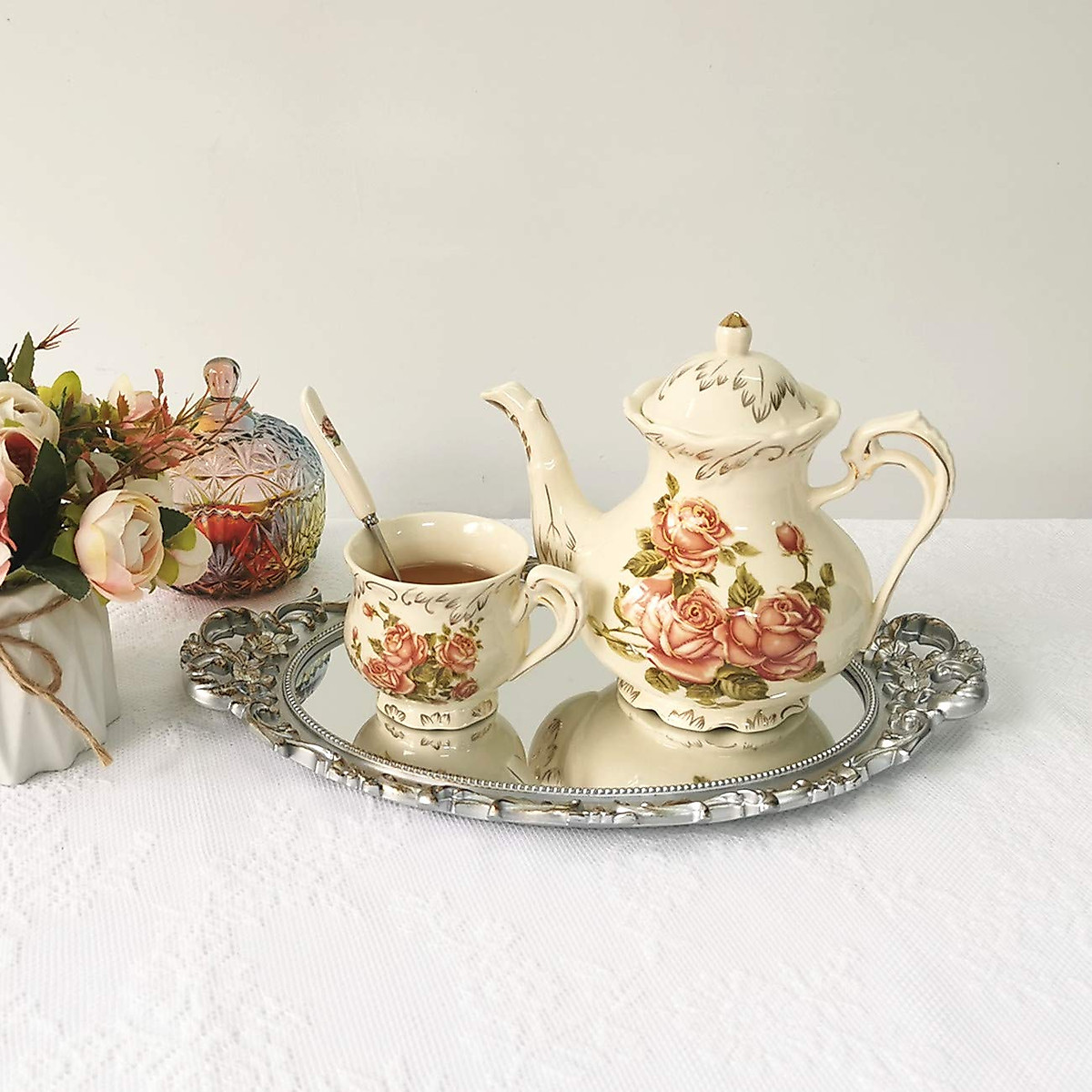 Ham Oval Floral Wall Mirror Tray, Dresser Organizer Tray, Decorative Perfume Mirror Tray, Serving Tray, 9.5’’ X 14.5’’, Silver