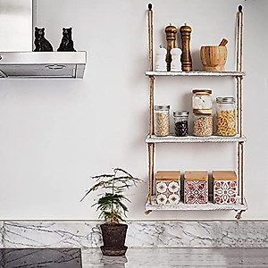 Labcosi 3 Tier Rope Wall Hanging Floating Shelves, Rustic White Wall Shelf, Swing Wood Farmhouse Decor Living Room, Bathroom, Bedroom, and Outdoor