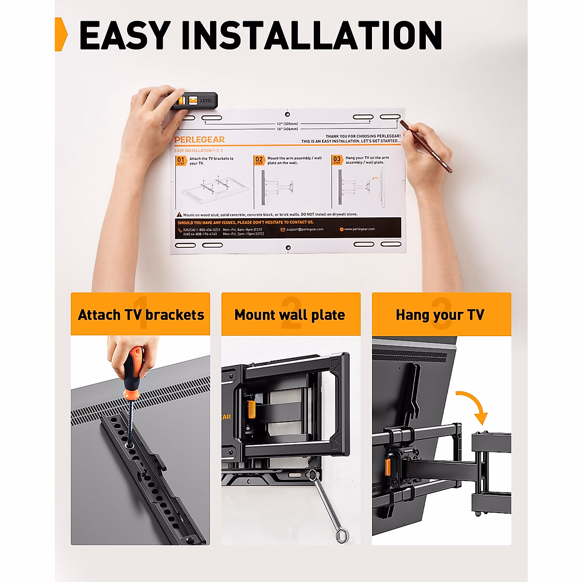 Perlegear Full Motion TV Wall Mount for Most 37-82 inch Flat Curved Screen up to 100 lbs, 12"/16" Wood Studs, TV Mount Bracket with Dual Articulating Arms, Swivel, Tool-Free Tilt, Max VESA 600x400mm
