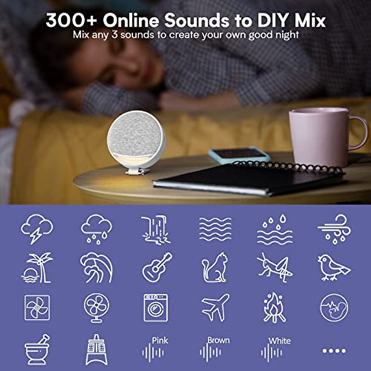 Portable White Noise Smart Sound Machines with Light 300 Non Looping Sounds Hotmoon Omini Sleep Machine Adjustable Brightness Noise Canceling For Sleep Aid, Office Privacy, & Meditation, Registry Gift