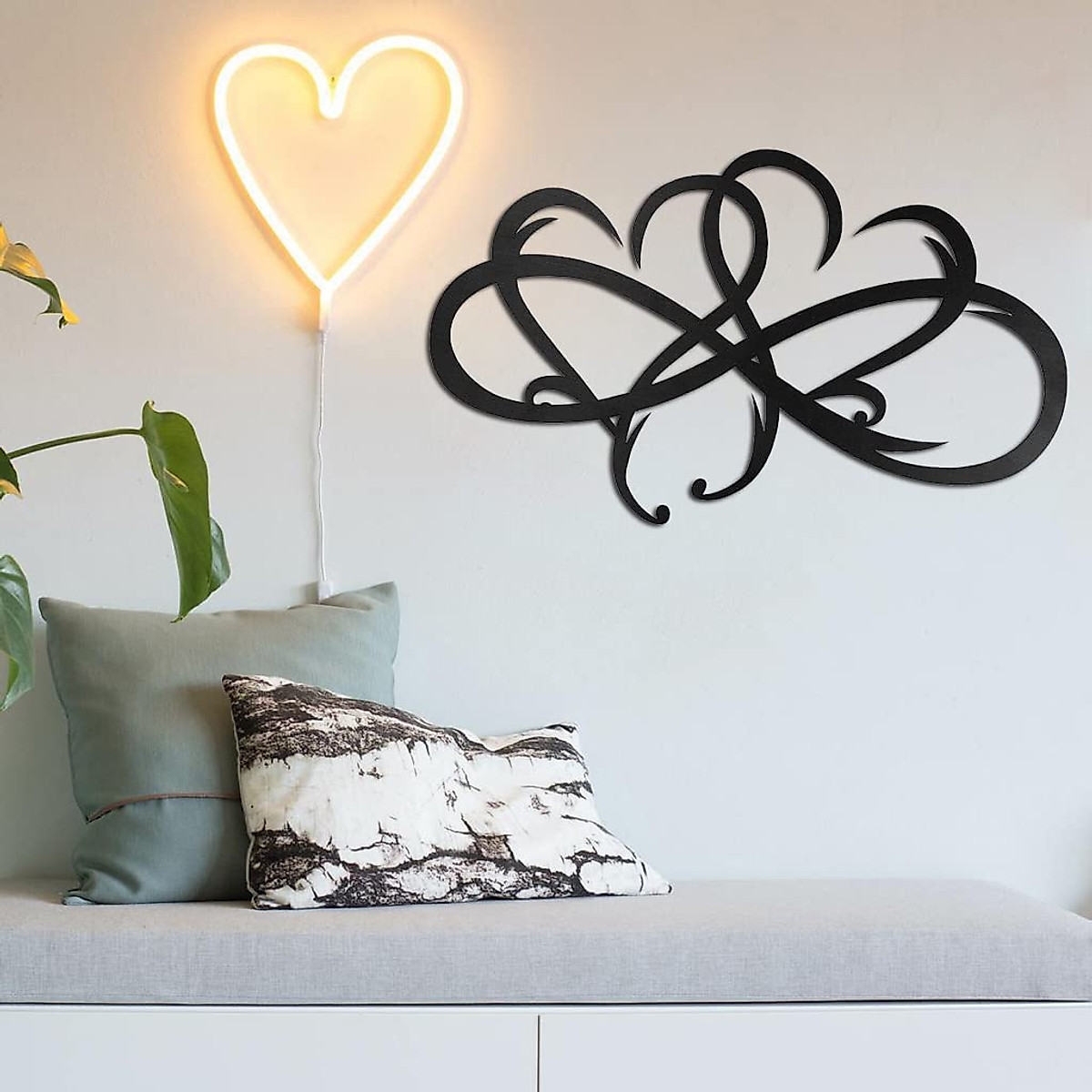 MAOSUO Infinity Heart Wall Decor, Black Metal Wall Art Heart Sign Decor,Wall Yard Art Heart Ornaments for Outdoor Garden Home Living Room Bedroom Decor (Black, double)