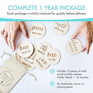 Baby Milestone Signs – Handcrafted Wooden Baby Milestones to Photoshoot Baby's First Year of Life, Set of 13 (Includes Hello World Newborn Sign, 1 Year and all Months Between)