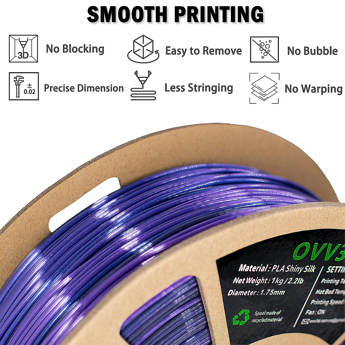 PLA Filament 1.75mm, 3D Printer Filament Silk Black Purple Color Changing, Silk PLA Filament, 3D Printing Filament 1.75 +/-0.02mm, 1kg