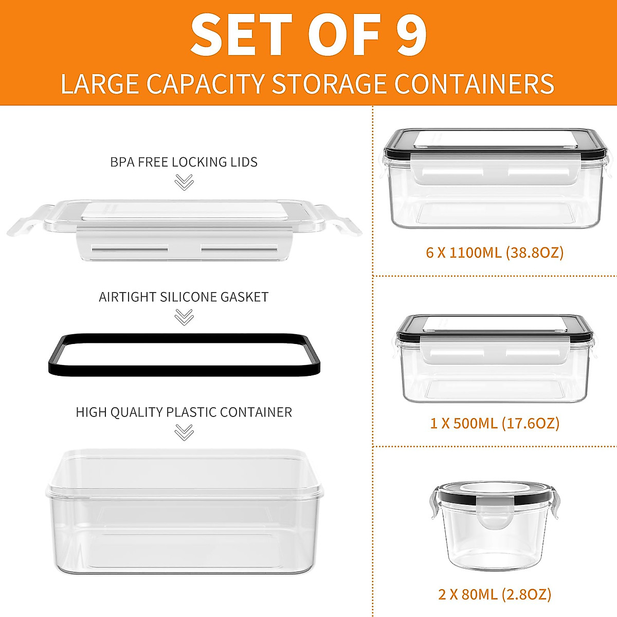 HOMETALL 18 PCS Food Storage Containers with Lids, Plastic BPA-Free Meal Prep Containers Reusable, Airtight & Leak proof Large Food Containers with Labels & Pen
