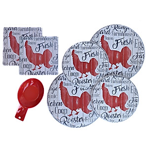 Chicken Decor Stove Burner Covers - Rooster Kitchen Decor - Farmhouse Sign Style WITH Two Insulated Hot Pads AND Red Spoon Rest