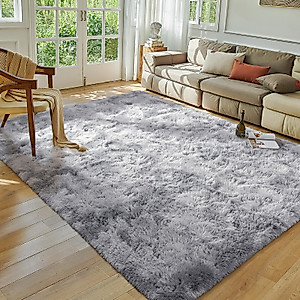 Softlife Fluffy Rug for Living Room, 6x9 Feet Plush Area Rug for Bedroom, Tie-Dyed Grey Furry Shag Rug for Aesthetic Christmas Room Decor, Soft Modern Fuzzy Faux Fur Carpet for Kids Nursery Room Dorm
