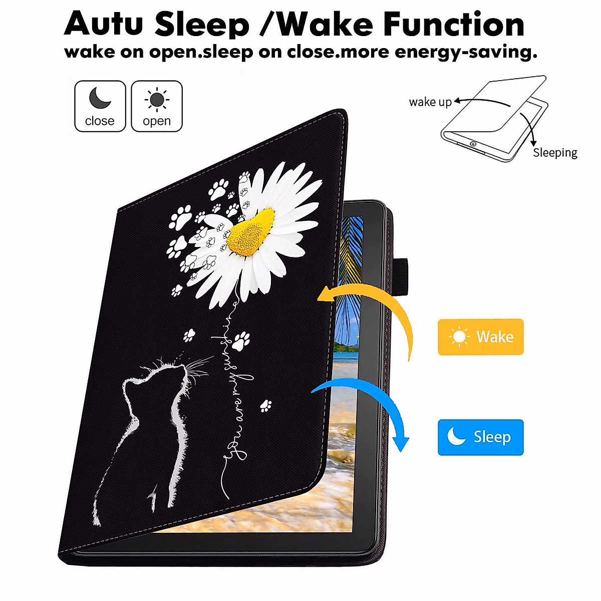 POIUYTREW Case for Samsung Galaxy Tab A7 Lite 8.7 Inch 2021 Model (SM-T220/T225/T227), PU Leather Folio Case Smart Cover with Stand & Auto Wake Sleep, Cat and Daisy Flower