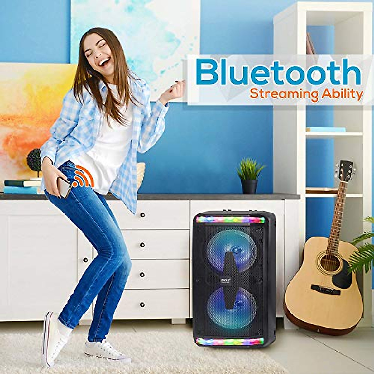 Pyle Bluetooth Speaker & Microphone System - Portable Stereo Karaoke Speaker with Wired Mic, Built-in LED Party Lights, MP3/USB, FM Radio (6.5’’ Subwoofers, 500 Watt MAX) (PPHP266B.5)