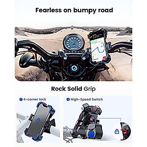 JOYROOM Motorcycle Phone Mount, [1s Auto Lock][100mph Military Anti-Shake] Phone Holder for Bicycle, [10s Quick Install] for Handlebar Mount, Compatible with iPhone 15 Pro, Samsung, All Cell Phone
