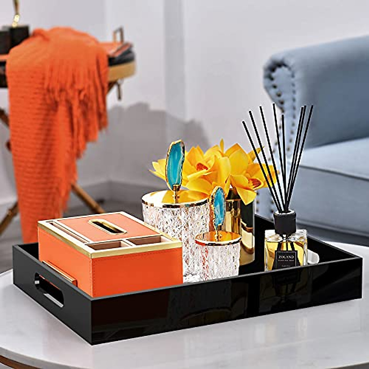 Cilinta Acrylic Serving Trays with Handles, 16"x 12" Rectangle Sturdy Breakfast Trays, Black Decorative Trays Organiser for Bedroom, Kitchen, Living Room, Bathroom, Hospital and Outdoors