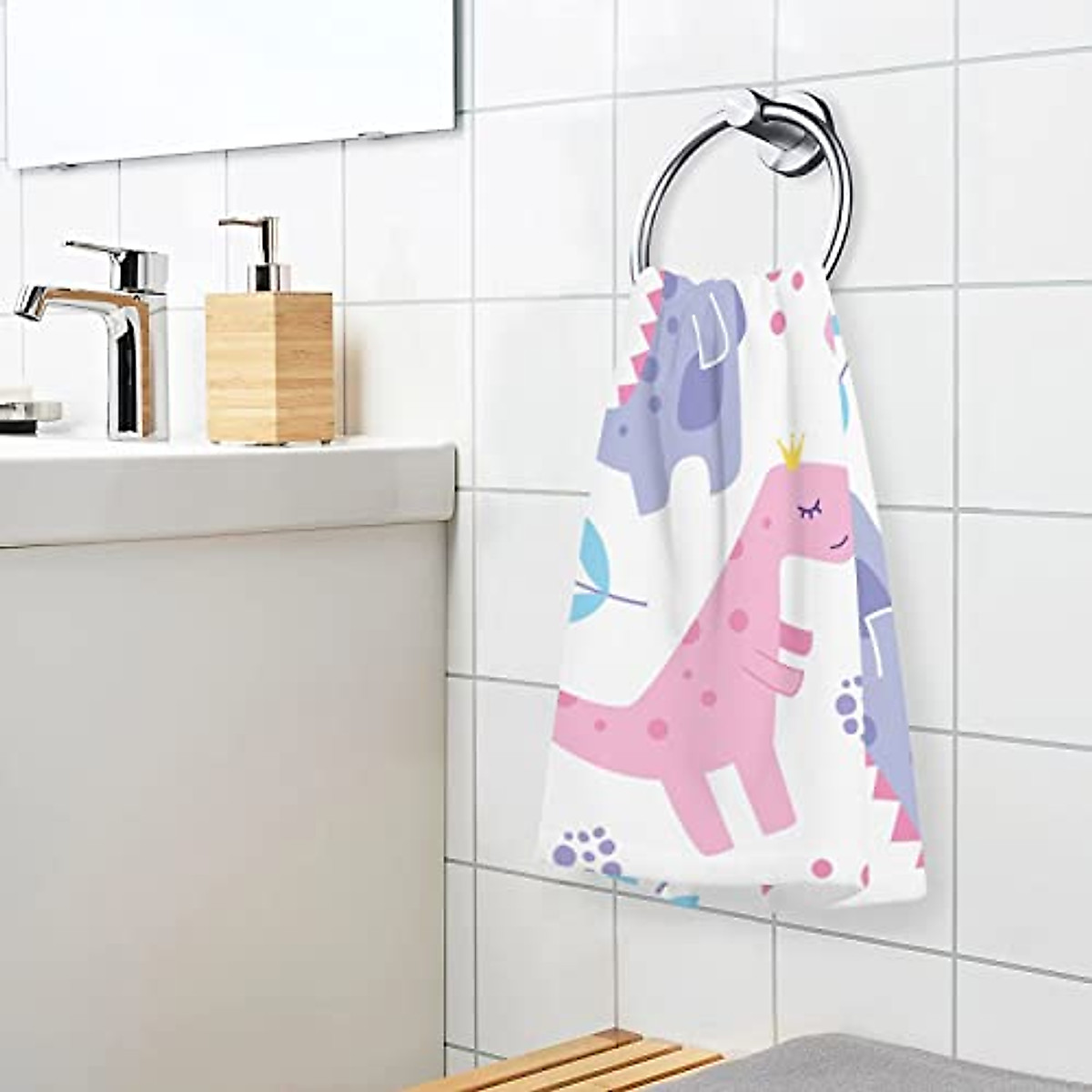 Kigai Pink Dinosaur Cotton Hand Towels for Bathroom, Soft Absorbent Washcloths for Kitchen Hotel Gym Swim Camp Beach Spa, 2 Pack