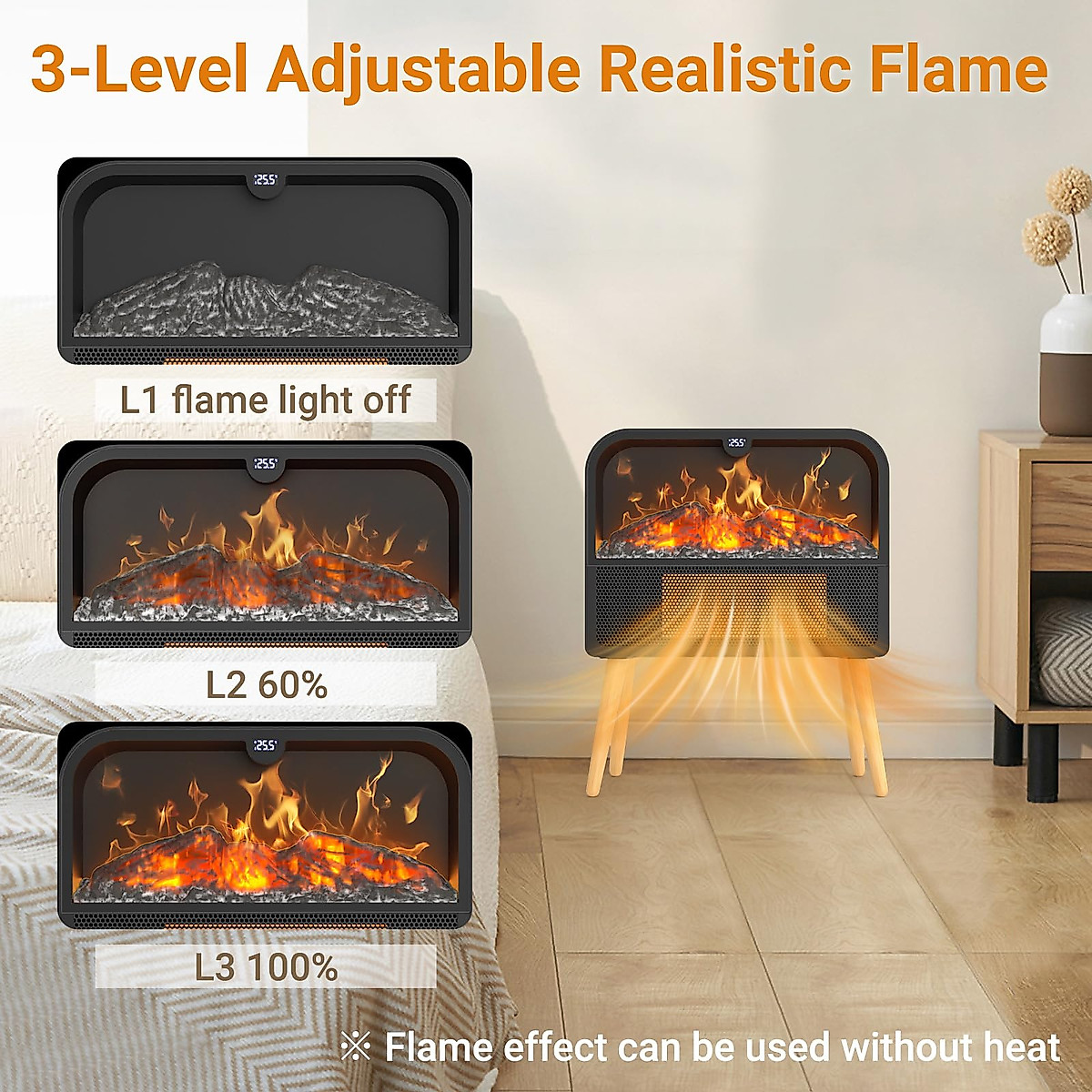 Electric Fireplace Heater, Freestanding Electric Fireplace with Realistic Flame & Solid Wood Stand, Portable Space Heater Fireplace for Indoor Use with 1-12H Timer, 59℉ to 95℉ Thermostat, 1500W