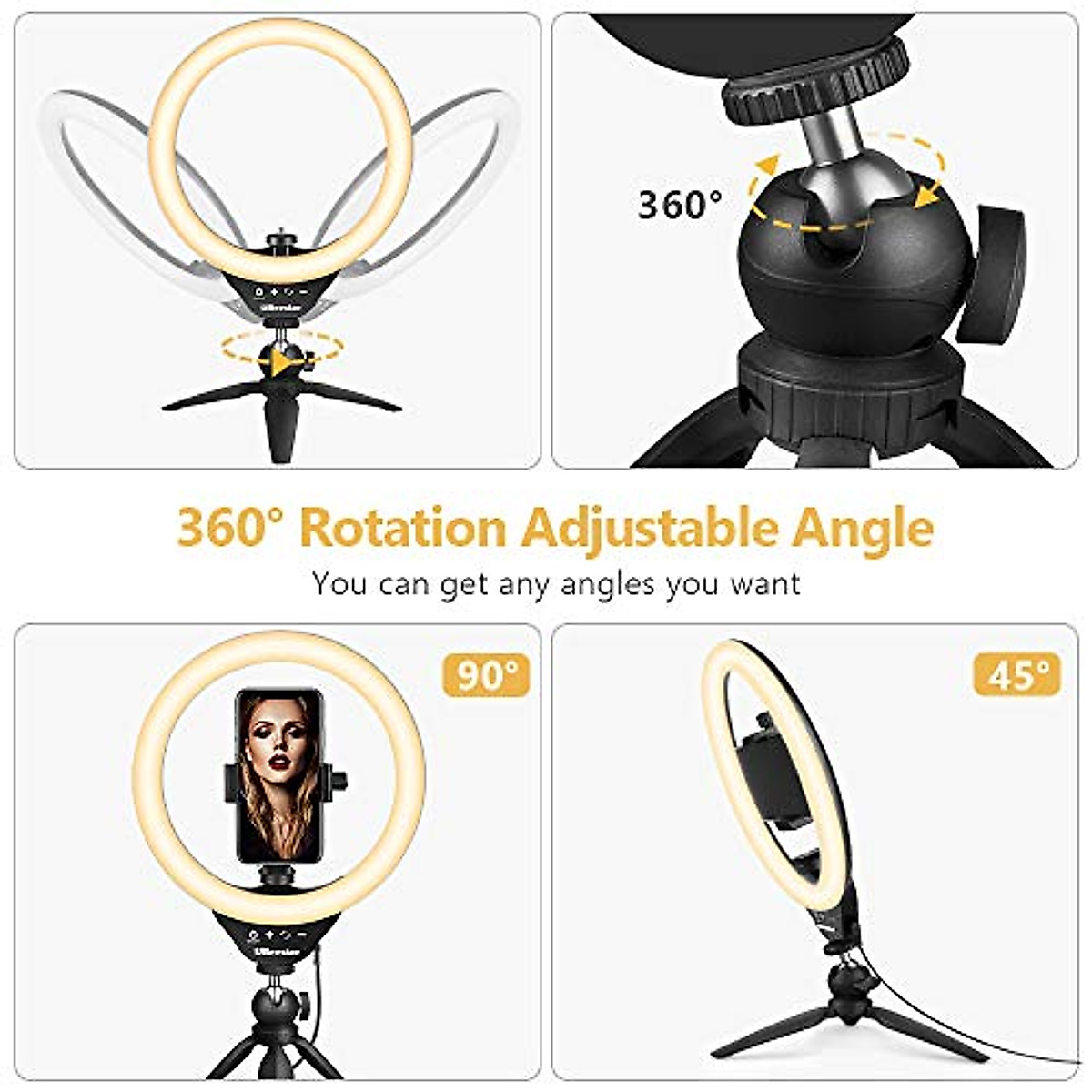 UBeesize 10" Selfie Ring Light with Tripod Stand & Cell Phone Holder, Dimmable Desktop LED Circle Light for Live Streaming/Makeup/YouTube/TIK Tok, Compatible with iOS and Android Phones
