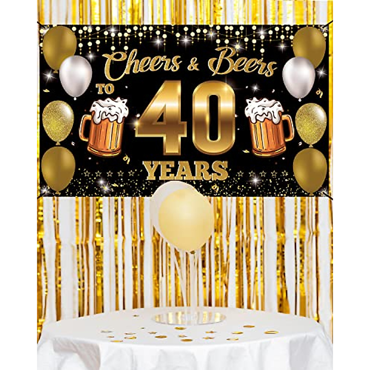 HTDZZI Cheers to 40 Years Backdrop Banner, Happy 40th Birthday Decoration for Men Women, 40th Wedding Anniversary, Black Gold 40 Year Old Birthday Party Sign Poster, Class Reunion Decor, 6.1ft x 3.6ft