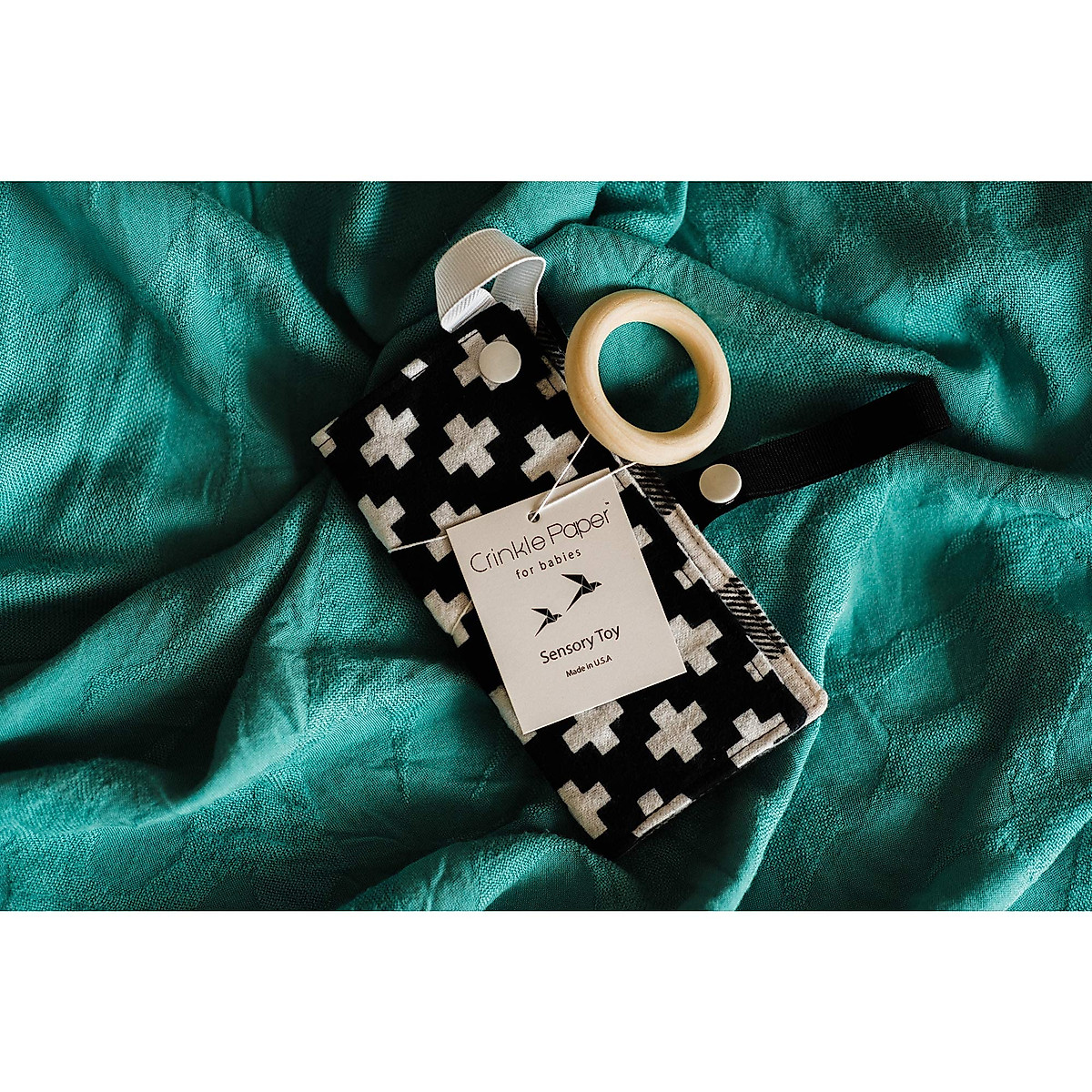 HYAKDesigns Crinkle Paper for Babies | Eco-Friendly Cotton Sensory & Soother Teether Toy | BPA Free, Organic Beeswax Sealed Wood