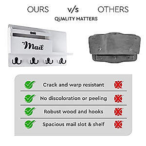 GoM1 Mail Holder Wall Mount - Mail Organizer with Hooks - Made with Pine Wood - Rustic Wood Key Holder for Home Décor-Light Gray,-15.75''W x 9.5''H x 3''D