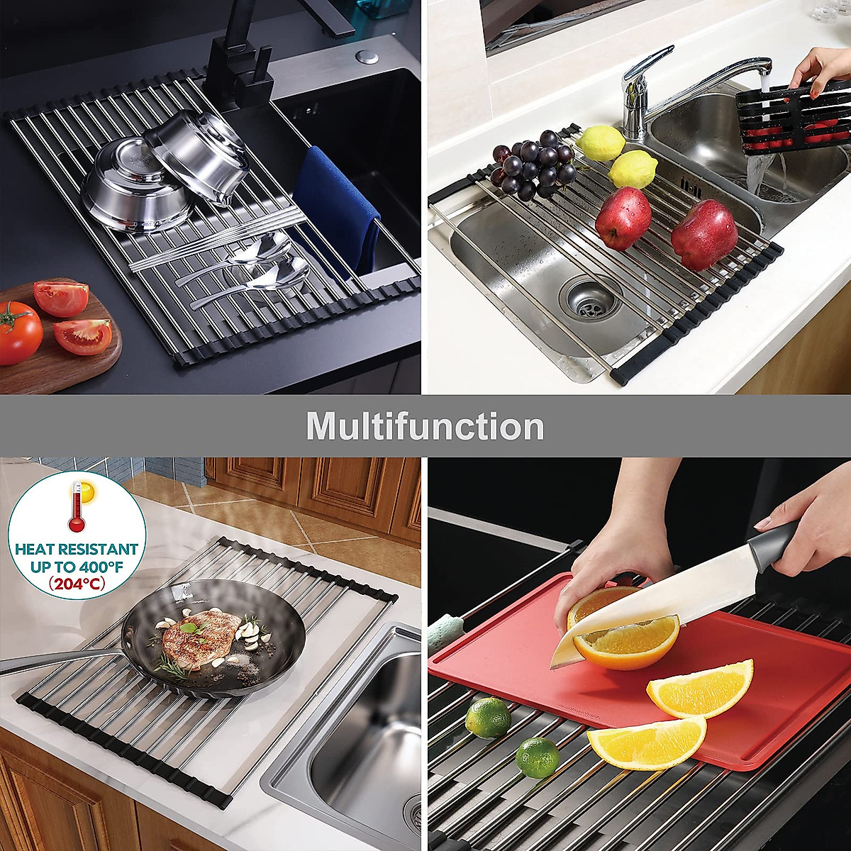 XL Extra Large Expandable Roll Up with Storage Basket 22.8" x 12.7" Over Sink Dish Drying Rack Multi-Purpose Kitchen Rolling Dish Drainer Foldable Stainless Steel Dish Drying Rack for Kitchen