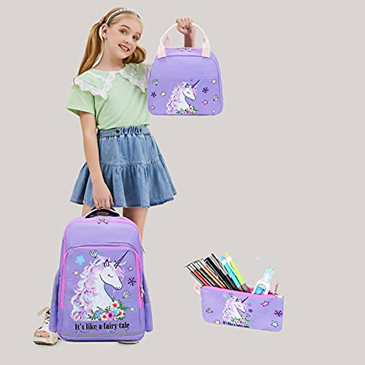 BTOOP Girls Backpack Kids Elementary Bookbag Girly School Bag with Insulated Lunch Tote and Pencil Pouch (Purple -3pcs)