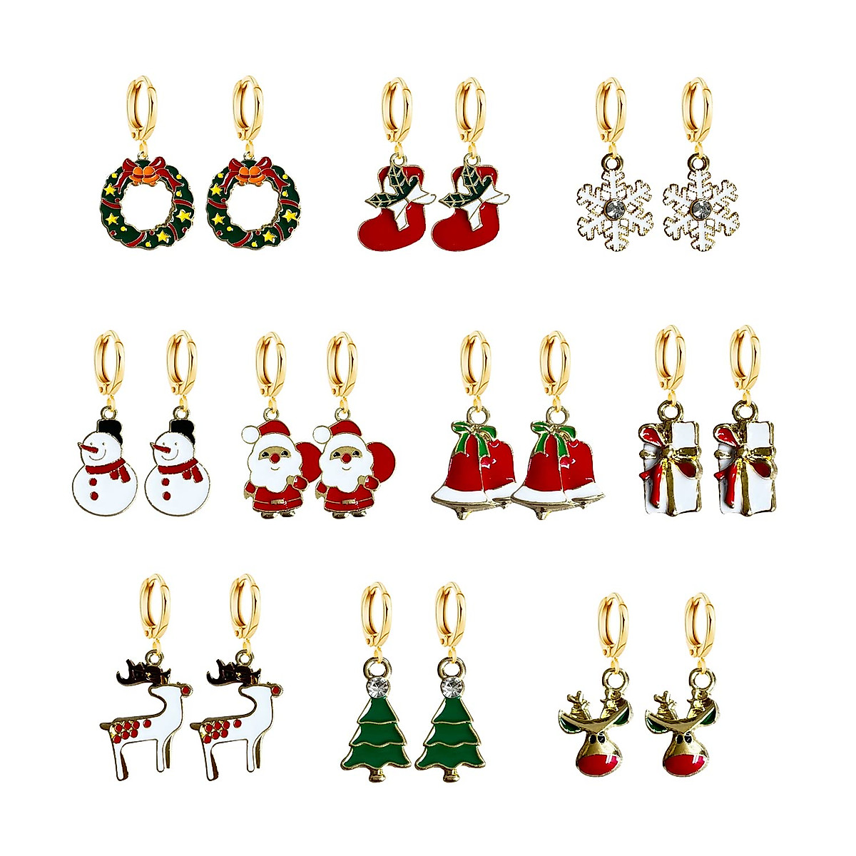 Just Follow 10 Pairs Christmas Hoop Huggie Earrings for Women Christmas Stud Earrings Christmas Trees Bells Snowflakes Earrings for Girls Thanksgiving Xmas Holiday Jewelry (10 Pairs-Gold)