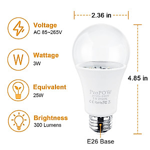 ProPOW 25 Watt Dusk to Dawn Light Bulbs, A19 3W Clear Cover E26 LED Bulbs Automatic on/Off Indoor/Outdoor Lighting for Porch,Garage,Driveway,Yard,Hallway,Patio(300 Lumen,Soft White,2-Pack)