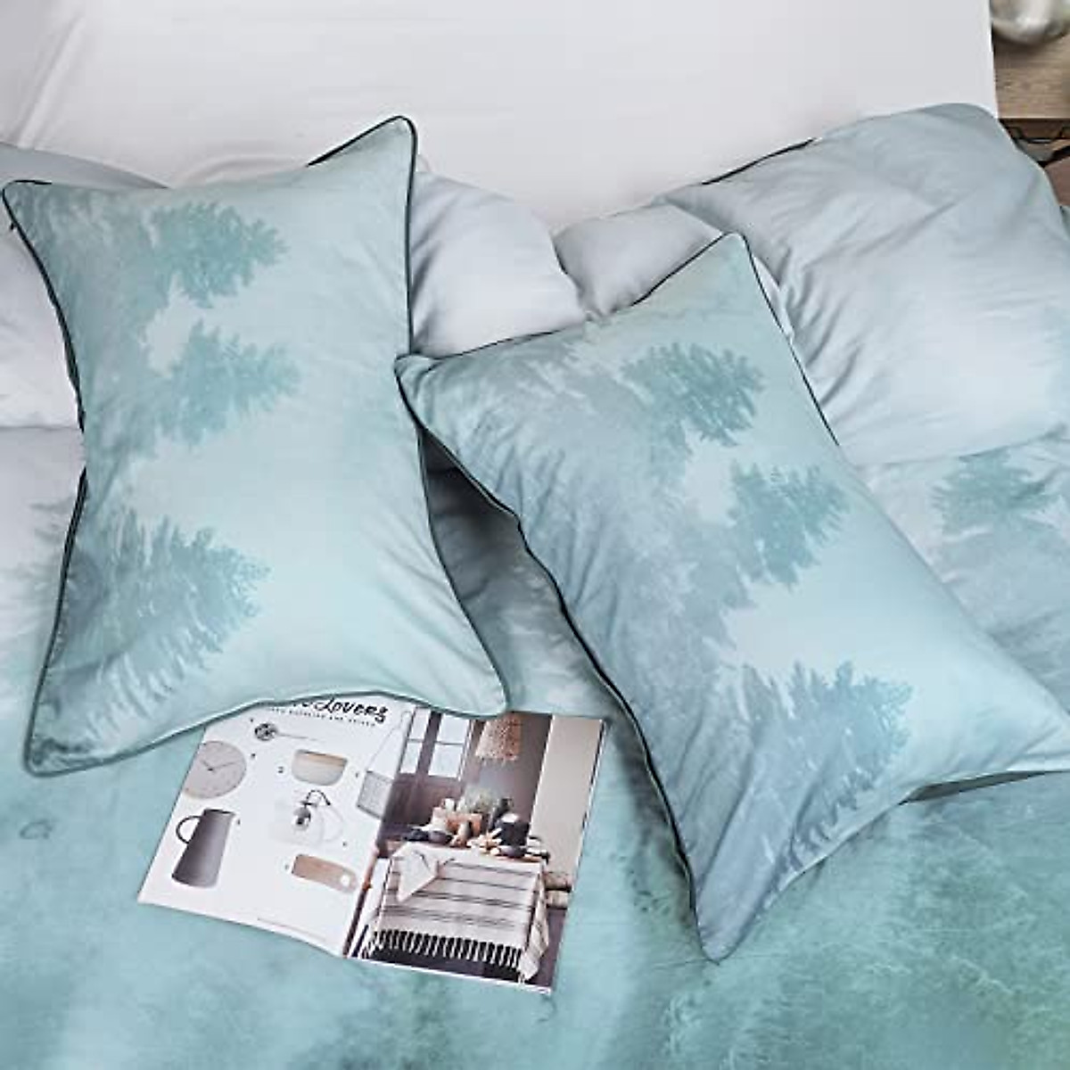 David's Home 100% Cotton Duvet Cover Set Queen Size, Misty Forest Duvet Cover with Pillow Shams, 3pcs Ultra Soft and Breathable Comforter Cover Set, 90x90 Inches, Green