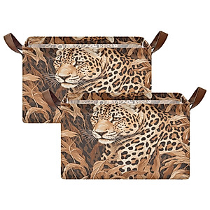 YETTASBIN Leopard Storage Basket 2 Pack, 32L Large Collapsible Toys Clothes Organizer, Waterproof Closet Storage Bin with Handle for Shelves Laundry Bathroom Home Office Decor