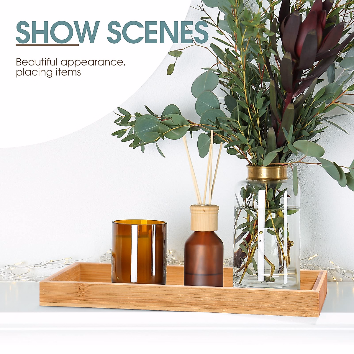 Bamboo Tea Serving Tray 3 Pcs Decorative Multi Use Bathroom Counter Tray with Edges Bamboo Vanity Tray for Dresser Counter Food Coffee Tea Snack Tissues Candles, 11 x 4 Inch