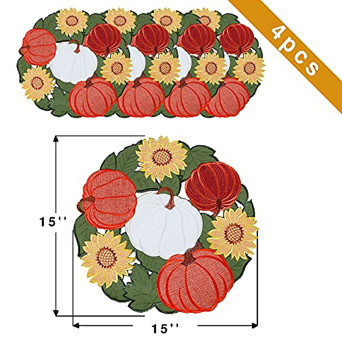 OWENIE Fall Pumpkins Placemats Set of 4,Thanksgiving Placemats with Embroidered Harvest Pumpkin and Leaves/Sunflowers, Fall Decor for Home, AutumnTable Mats, 15 Inch Round