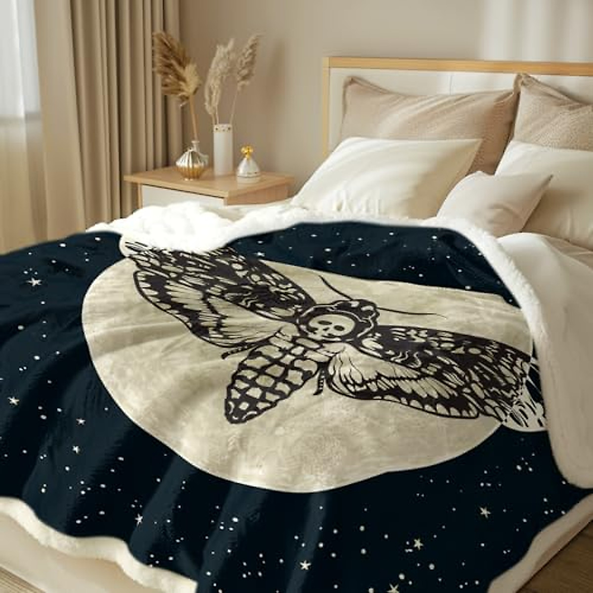 Sleepwish Death Moth Throw Blanket Hawk Moth Skull Sherpa Fleece Blanket Black Galaxy Star Print Blanket Large Size Gothic Halloween College Dorm Decor, Queen (90" X 90")