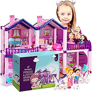 TOMLEON Dollhouse w/ Princesses, 4 Unicorns and Dog Dolls - Pink / Purple Dream House Toy for Little Girls - 4 Rooms w/ Garden, Furniture and Accessories - Girls Ages 3 - 6 (4 Princesses)