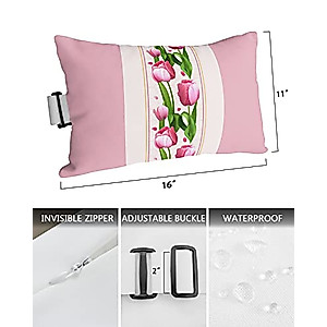 Recliner Head Pillow Ledge Loungers Chair Pillows with Insert Mother's Day Watercolor Tulips Pink Border Lumbar Pillow with Adjustable Strap Outdoor Waterproof Patio Pillows for Beach Pool, 2 PCS