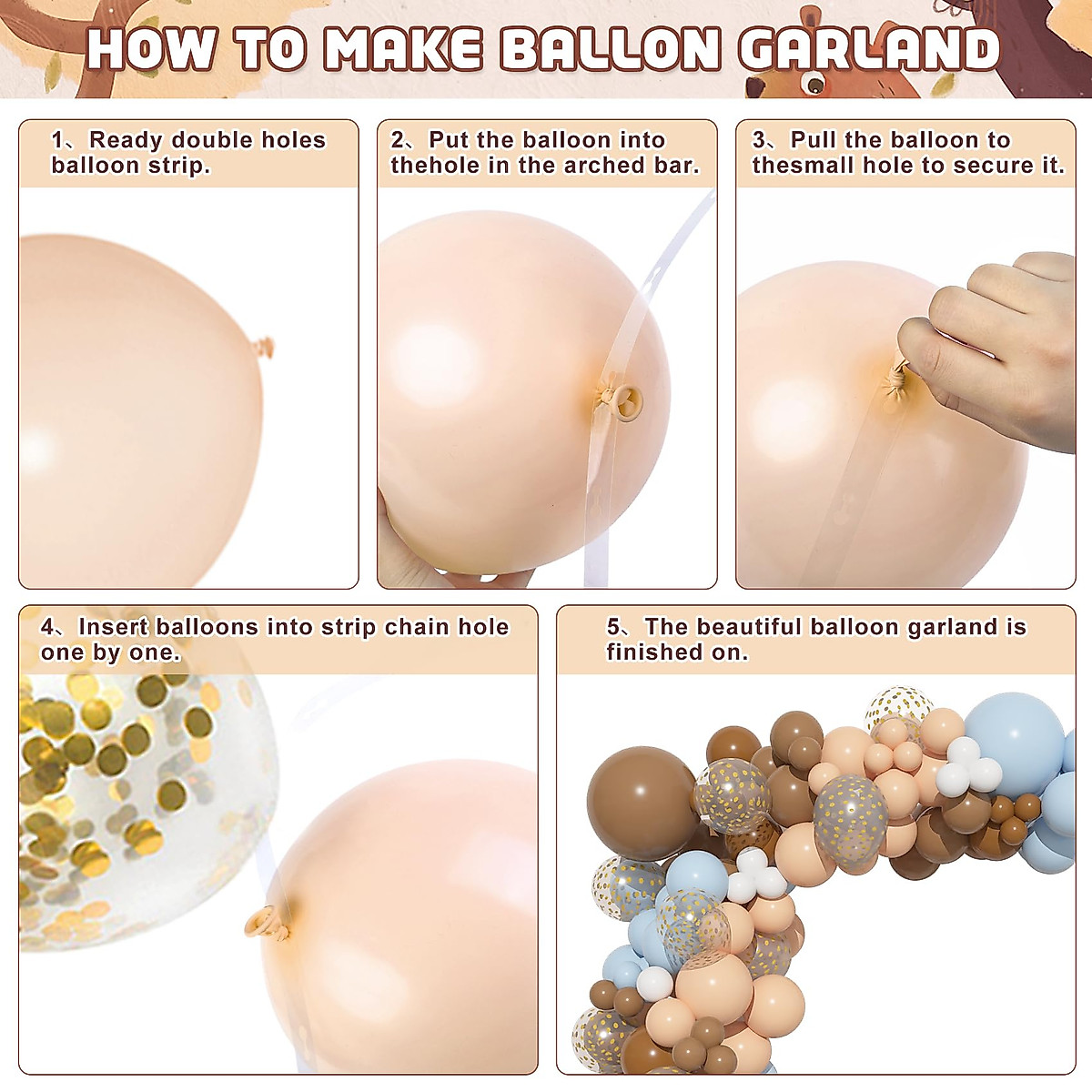 Amandir Baby Boxes Balloons for Baby Shower, 4 Wood Grain Blocks with Letter 111Pcs Brown Blue Nude Balloon Garland Kit for Bear Baby Shower Decorations Gender Reveal Boy Birthday Party Supplies