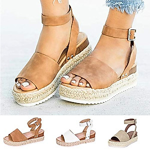 HMing Women's Wedge Sandals Summer Platform Ankle Strap Studded Open Toe Espadrille Wedge Casual Sandals