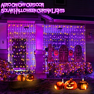 Purple Orange Solar Halloween Curtain Lights Outdoor 300 LED 19.6ft(L)x3.3ft(H) Vertically Extra Length Lights Curtain 8 Versatile Modes Waterproof for Halloween Holiday Decoration Fence Yard Garden
