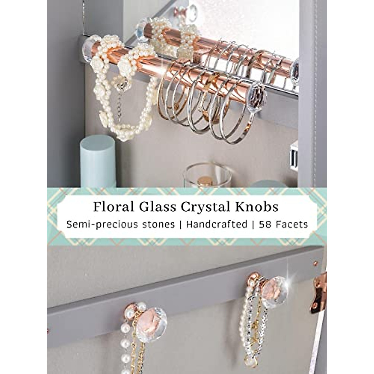 LUXFURNI Jewelry Armoire Organizer, Wall/Door Mounted Cabinet with Full Length Mirror (Grey)