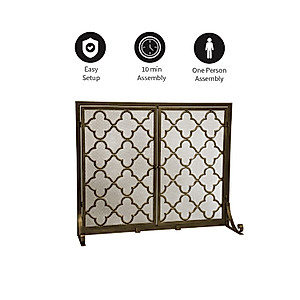 Plow & Hearth Metal Fireplace Screen Geometric Bronze | 44" W x 33" H | 2 - Door | Spark Guard Indoor Grate | Iron Fire Place Cover | Wood Burning Stove Decorative Accessories
