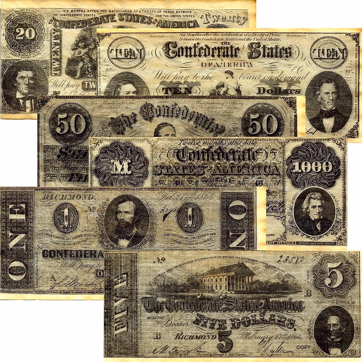 Historical Documents Confederate Currency Set: 25 Replica Notes (Set A, B, C, & D) - Civil War Era Currency Replica Set - Adults - Small - Unisex - Paper - No Assembly Required