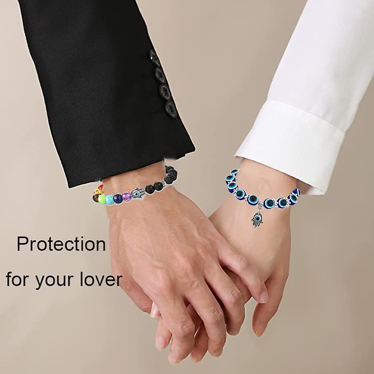 RUIZHEN 3Pcs Evil Eye Hamsa Hand Stretch Bracelet 7 Chakras Gemstone Lava Stone Aromatherapy Essential Oil Diffuser Bracelet for Women Men (A)