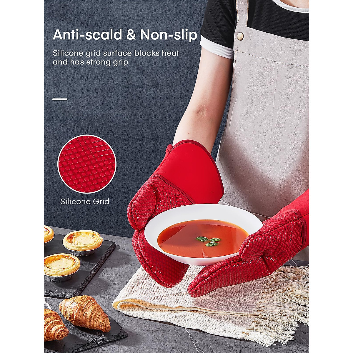 Oven Mitts, Heat Resistant Kitchen Oven Gloves 572°F, Non-Slip Silicone Surface, Extra Long Flexible Thick Mitts for Kitchen, Cooking, Baking, BBQ, Grid Red