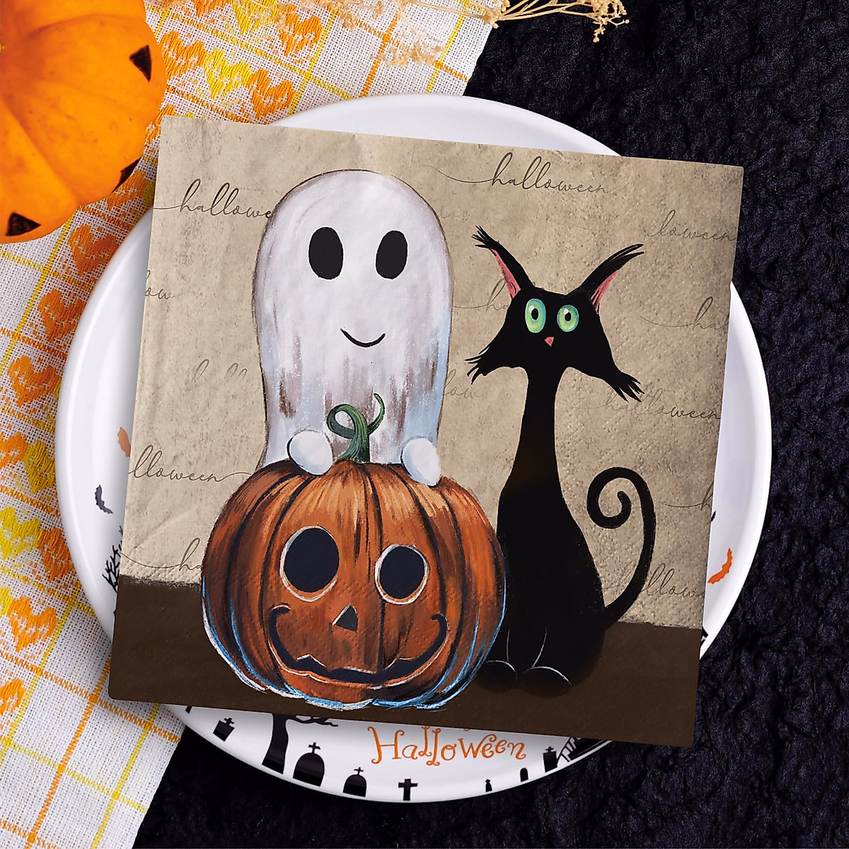 AnyDesign 80 Pack Halloween Paper Napkins Disposable Black Cat Pumpkin Ghost Luncheon Napkins Spooky Decorative Dessert Dinner Hand Napkin for Halloween Party Supplies, 6.5 x 6.5 Inch