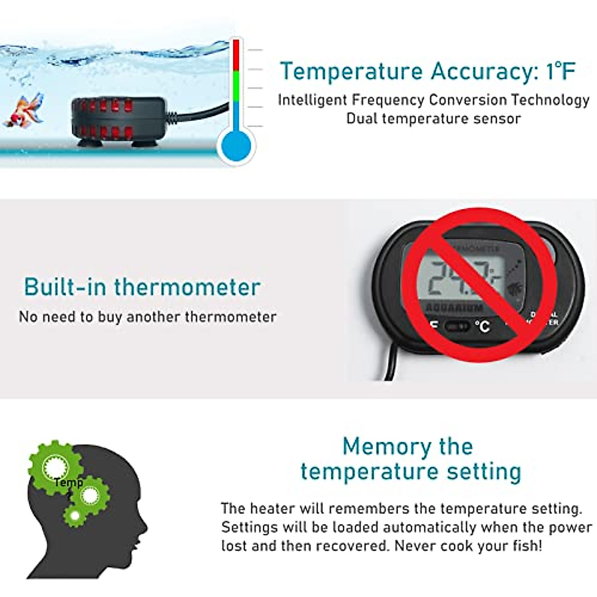 auomii Mini Submersible Aquarium Heater, 50W/100W Small Fish Tank Heater, Built-in Thermometer, 2 LED Temperature Display, External Temperature Controller, Smart Memory, 50W (1-10Gallons)