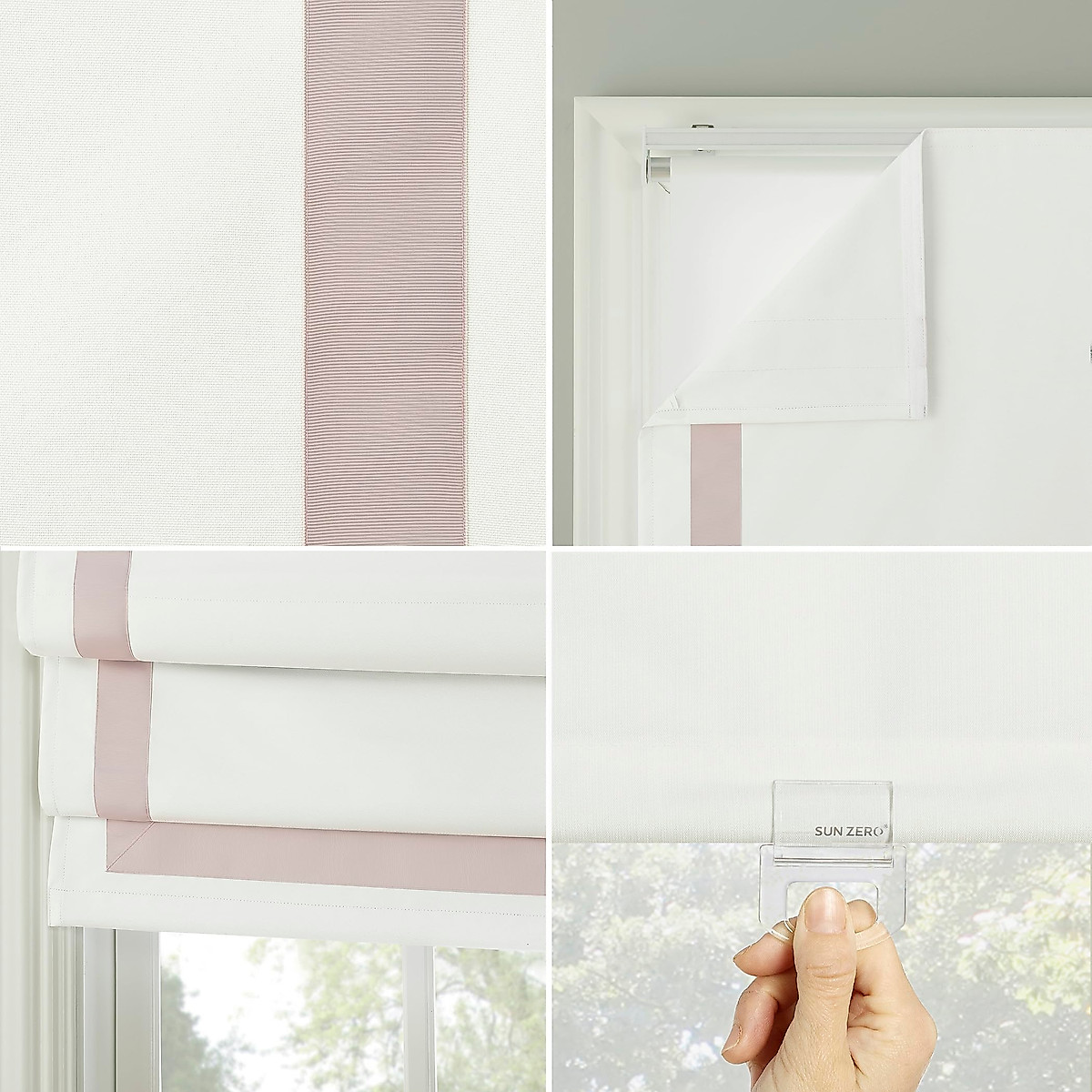 Sun Zero Marline Pink Ribbon Border Stripe 100% Blackout Cordless Roman Shade, 35" x 64", Pink/White