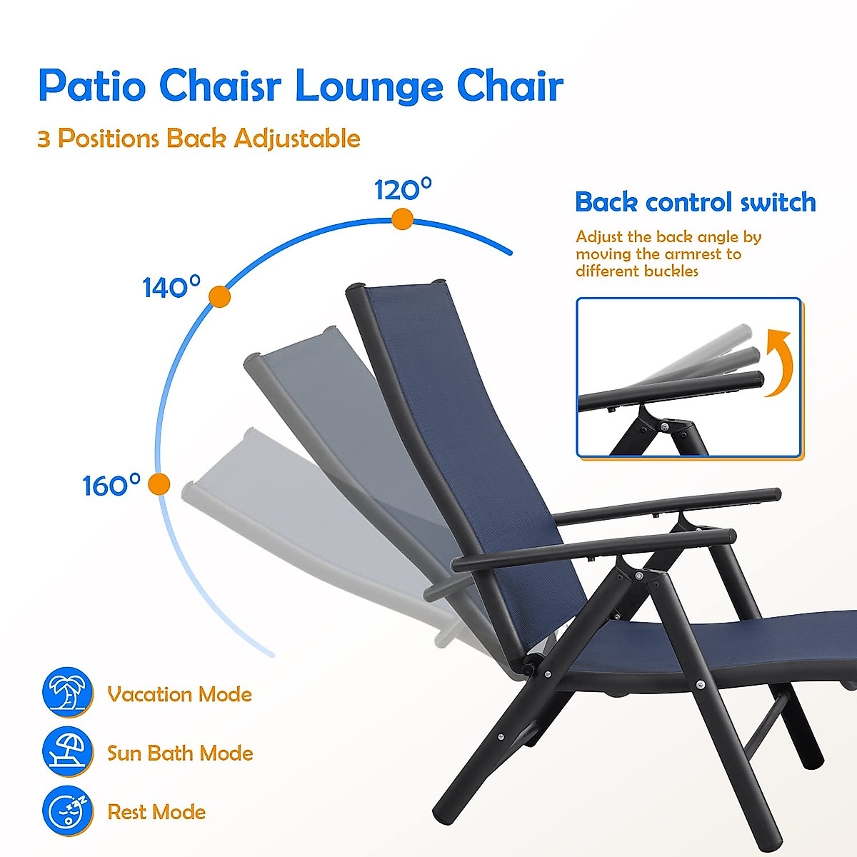 Devoko Patio Lounge Chairs Outdoor Chaise Lounge Beach Pool Side Folding Recliner Adjustable Lounge Chair Set of 2 (Blue)