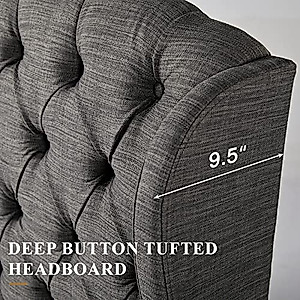 Jocisland Upholstered Bed Frame King Size Wingback Platform Bed Frame Tufted and Headboard Tall Linen Bed Frame/No Box Spring Needed/Wood Slat (Dark Grey)