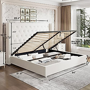 Jocisland Queen Size Beds Lift Up Storage Upholstered Bed Frame Wingback Headboard Hydraulic Storage/No Box Spring Needed/Cream