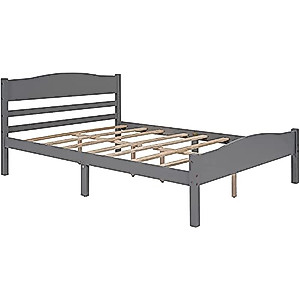 STP-Y Full Size Platform Bed, Rockjame Wood Bed Frame with Horizontal Strip Hollow Shape Headboard, Footboard and Center Support Feet, Perfect for Kids, Teens and Adults (Gray)