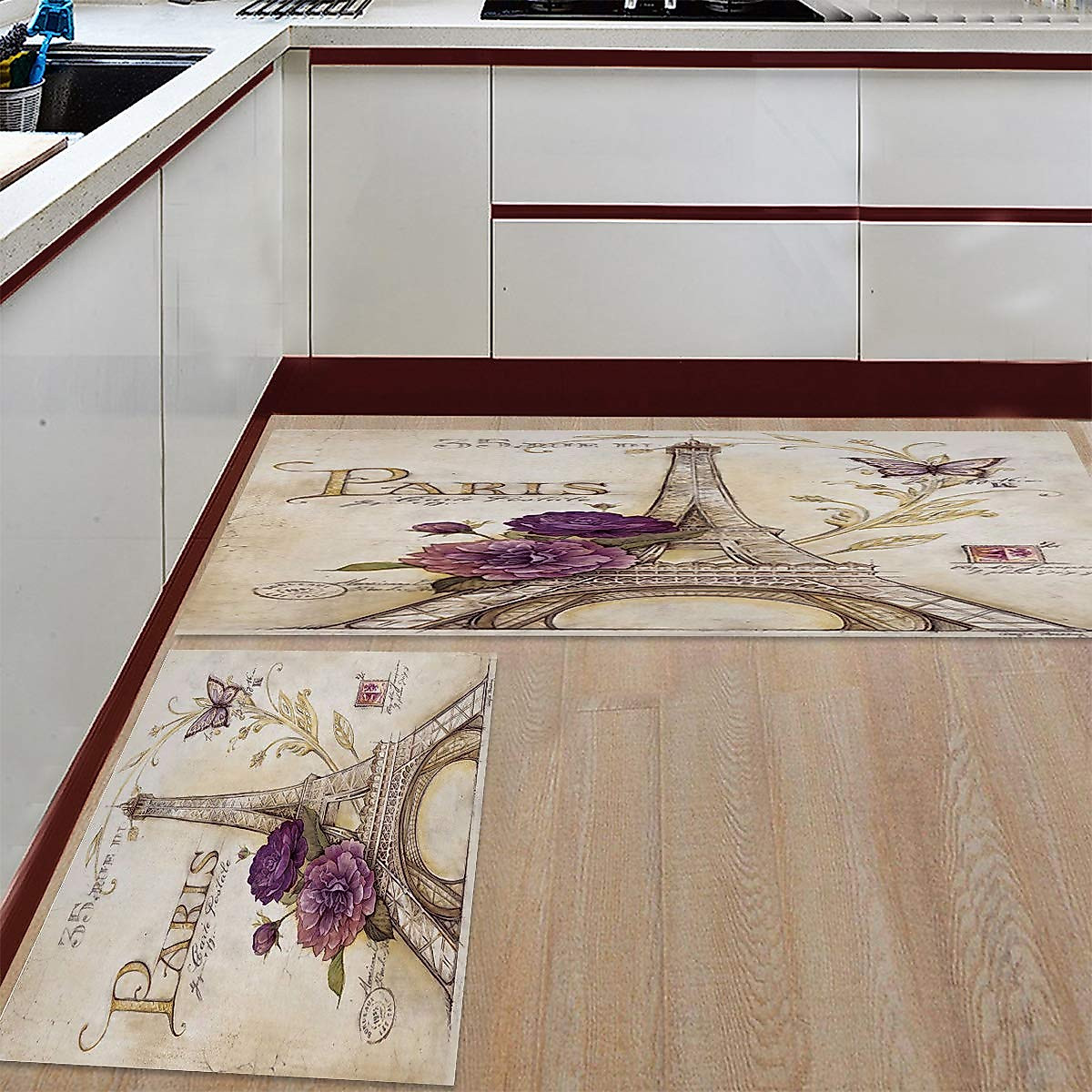 Kitchen Rugs, Eiffel Tower Paris Purple Flower Vintage Style Non Slip Long Runner Rug Mat for Floor, Kitchen, Bedside, Sink, Office, Laundry, Set of 2