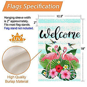 QWETRY Flamingo Welcome Summer Garden Flag Double Sided 12.5x18 Inch Bluebird Summer Yard Flag for Outside Outdoor Décor, Premium Burlap Vertical Small Rustic Flags for Farmhouse Lawn Flags