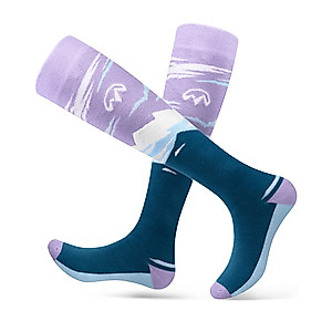 OutdoorMaster Ski Socks, 2-Pair Pack Skiing and Snowboarding Thermal Socks for Women with Over the Calf Design w/Non-Slip Cuff, Mountain Patterns - Lavender, Medium