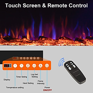 Benrocks 42'' Electric Fireplace Inserts, Recessed & Wall Mount Electric Heater and Linear Fireplace with Remote Control, Adjustable Flame Color, Temperature, Timer 750/1500W Black…